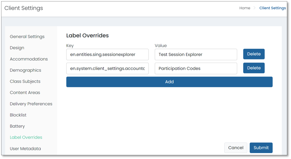 Client Settings: Label Overrides